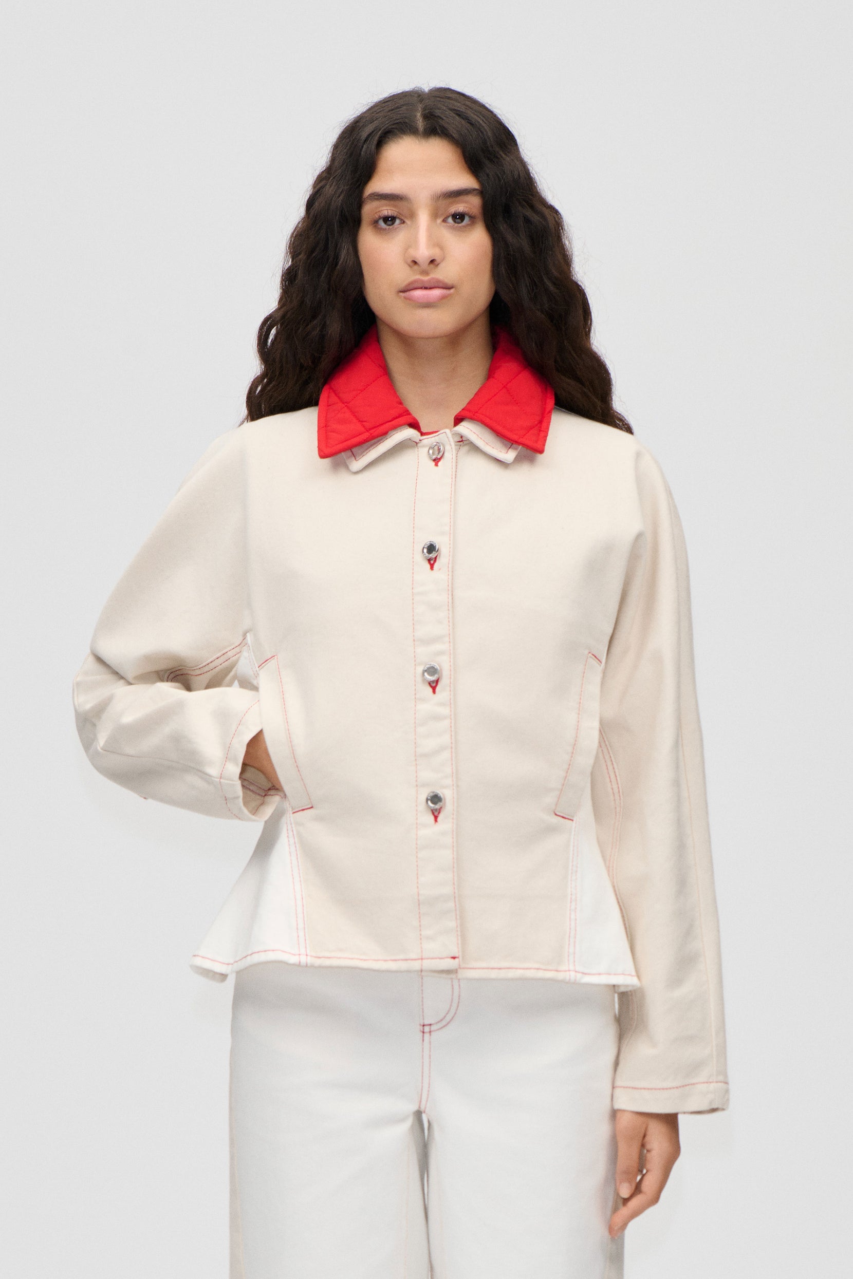 Peplum Collar Jacket - Natural / Contrast Red - Stine Goya UK
