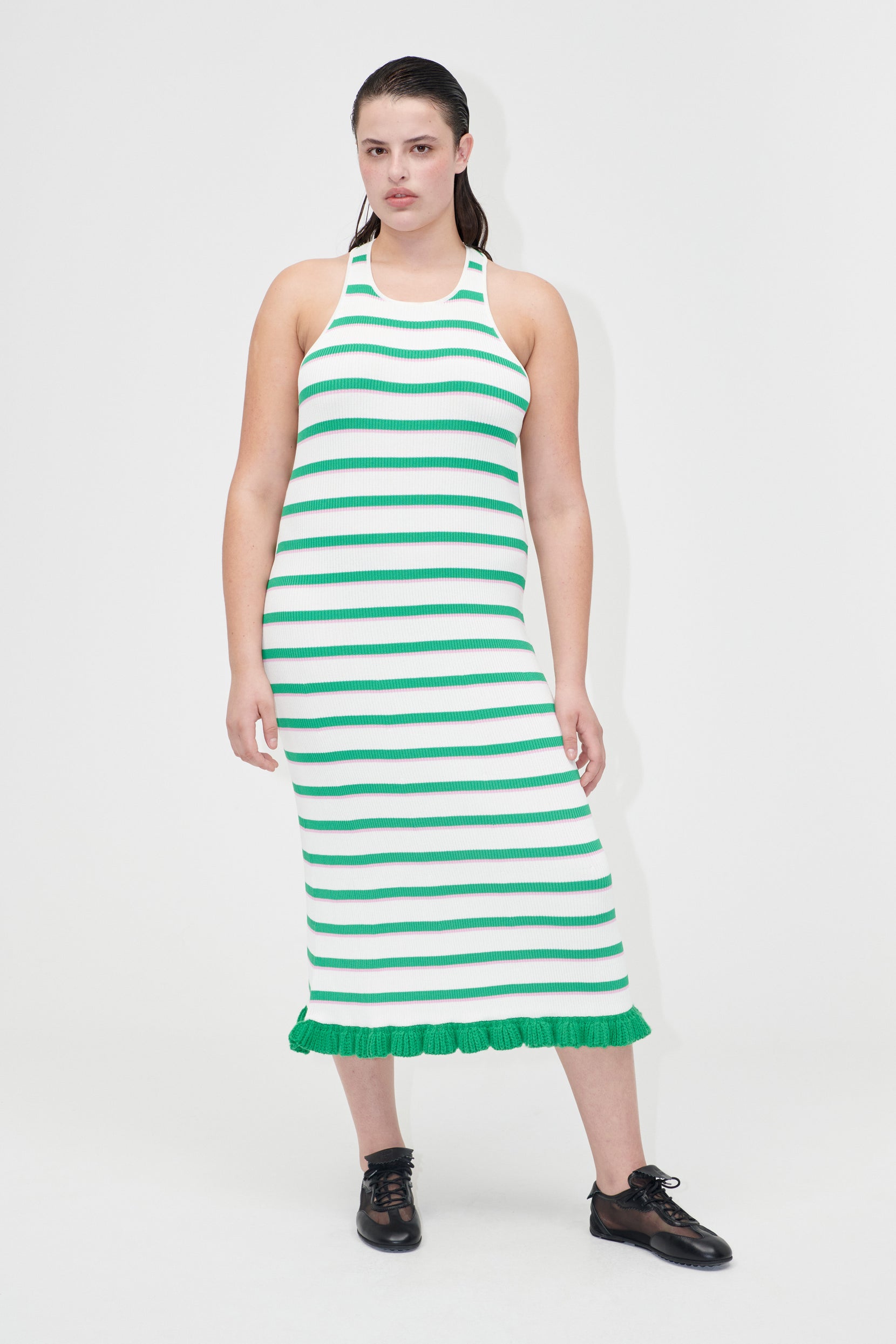 Ruffle Tank Dress - Green and Pink Stripes - Stine Goya UK