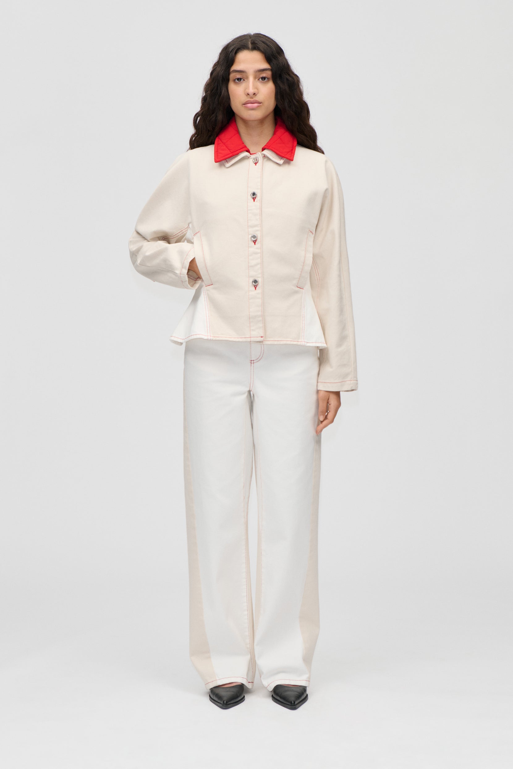 Twist Knee Seam Denim Pant - Natural / Contrast Red - Stine Goya UK