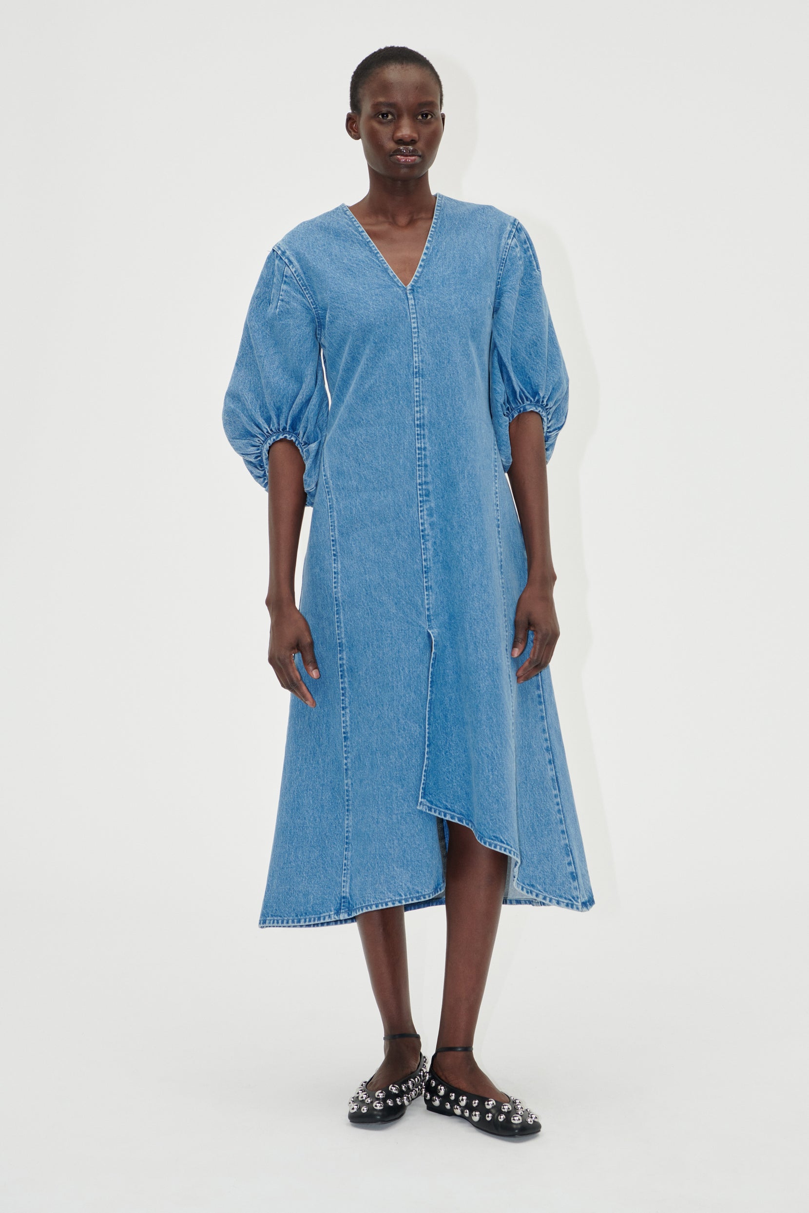Volume Sleeves Midi Dress - Denim Blue - Stine Goya UK